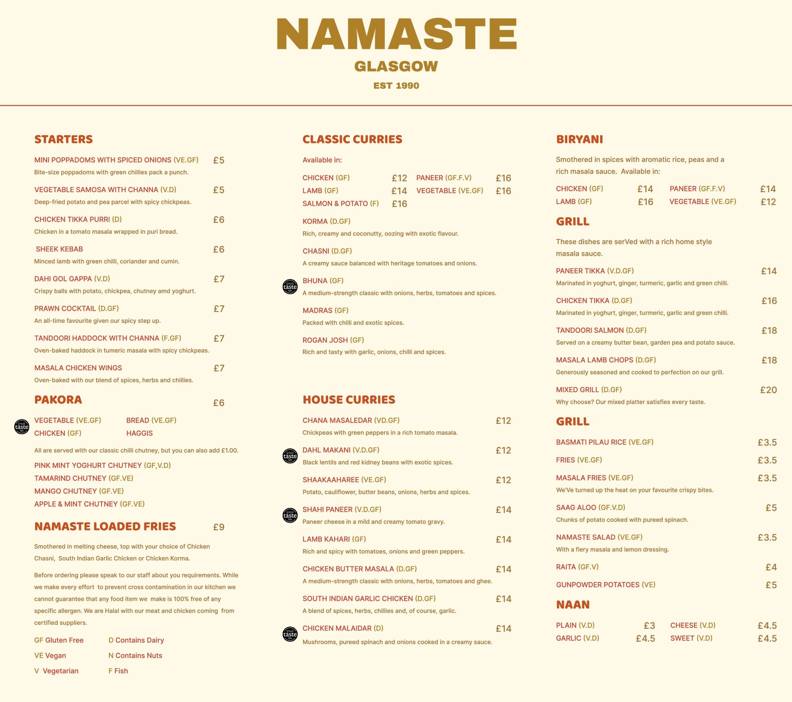 Menus – Namaste by Darbar